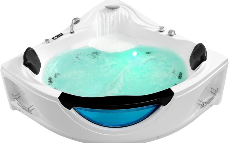 Empava 2-Person Corner Whirlpool Tub with 10 Jets, Heater, Light, and ...